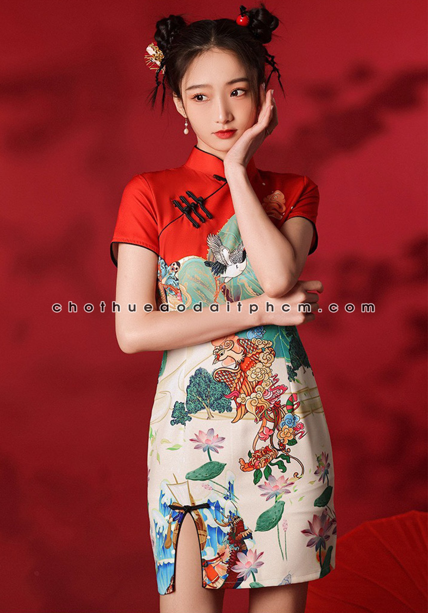 Sườn xám SXX18 đỏ tết - Cho Thuê Áo Dài TPHCM