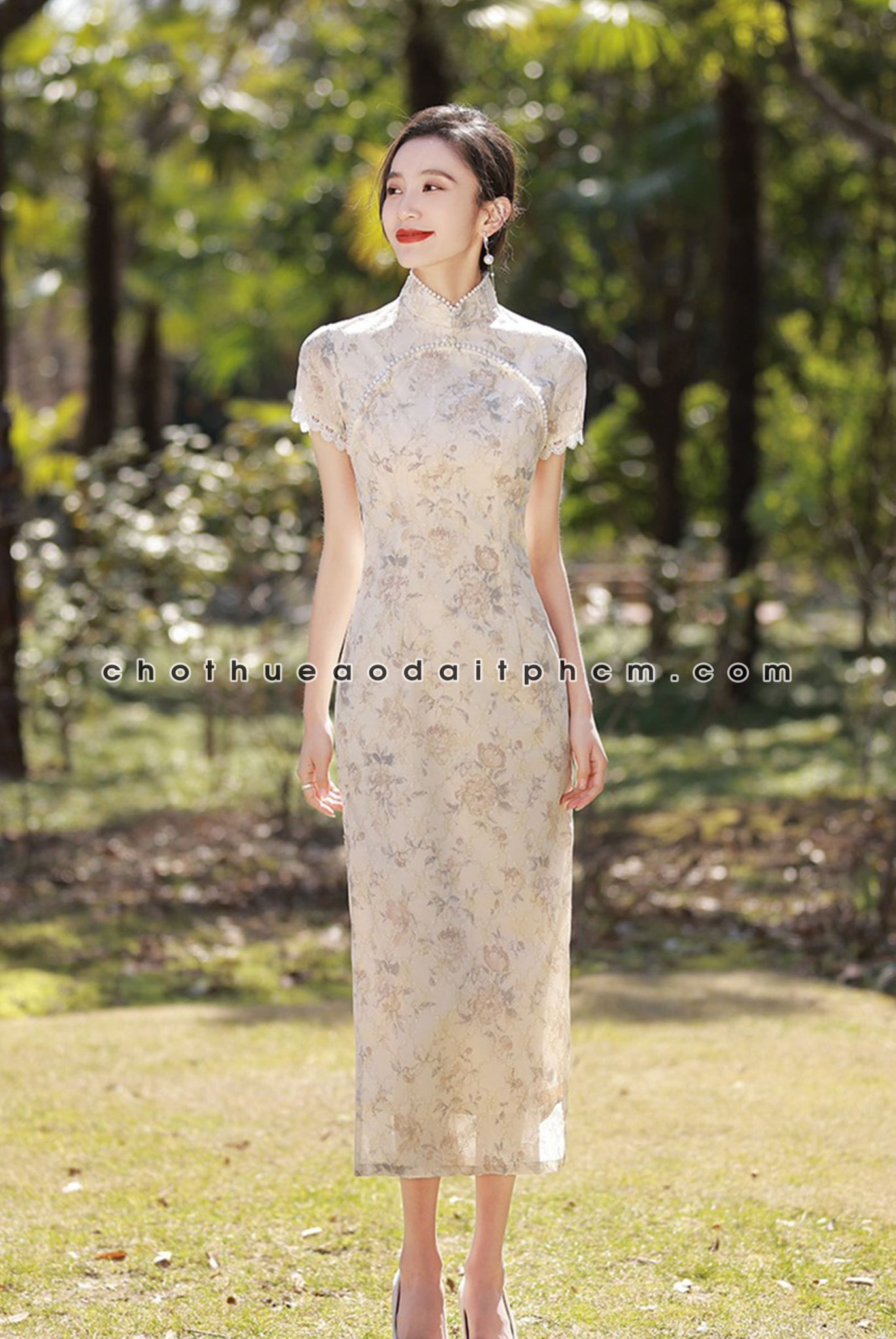 Sườn xám SXD33 ren trắng ngọc - Cho Thuê Áo Dài TPHCM